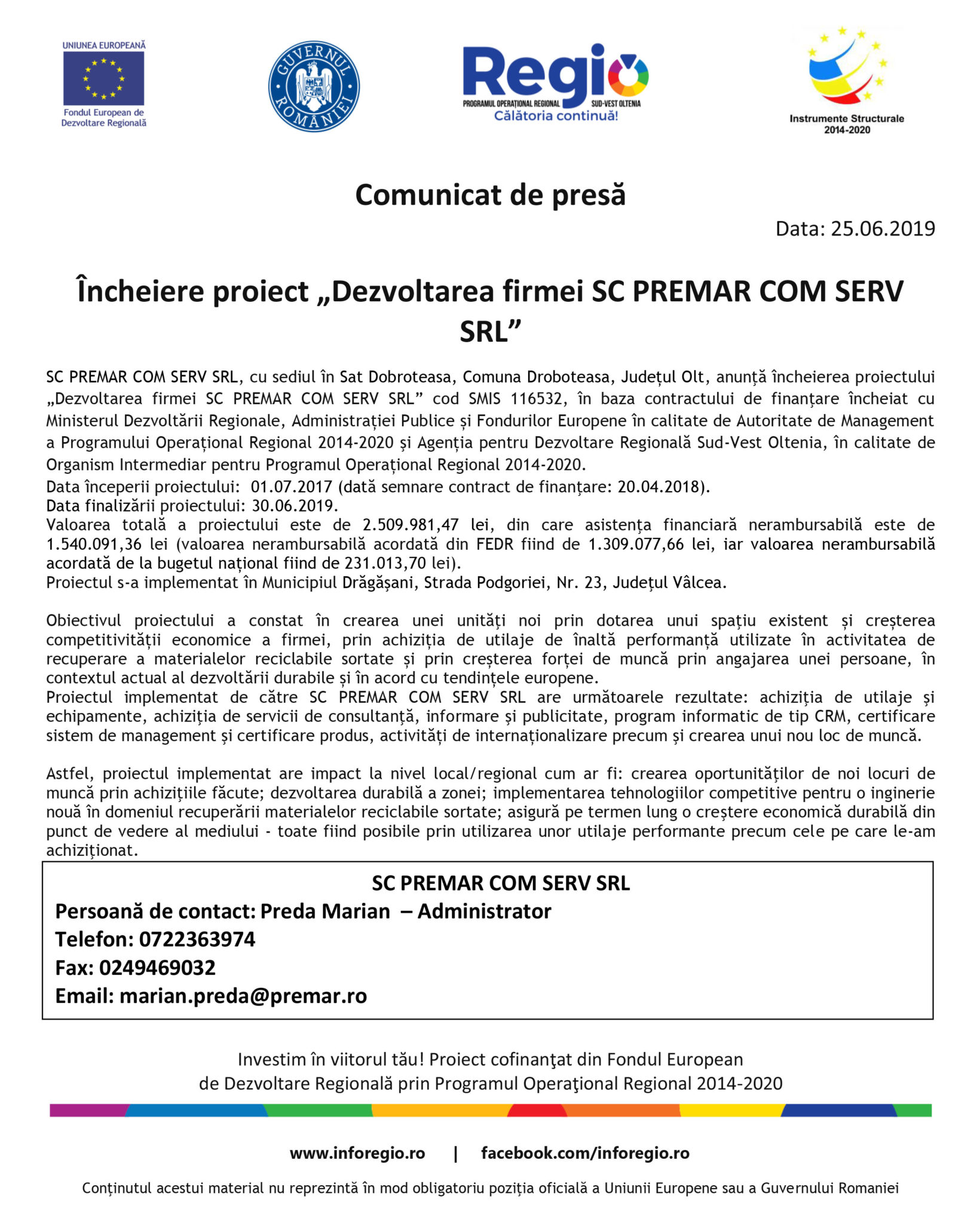 Încheiere proiect „Dezvoltarea firmei SC PREMAR COM SERV SRL"