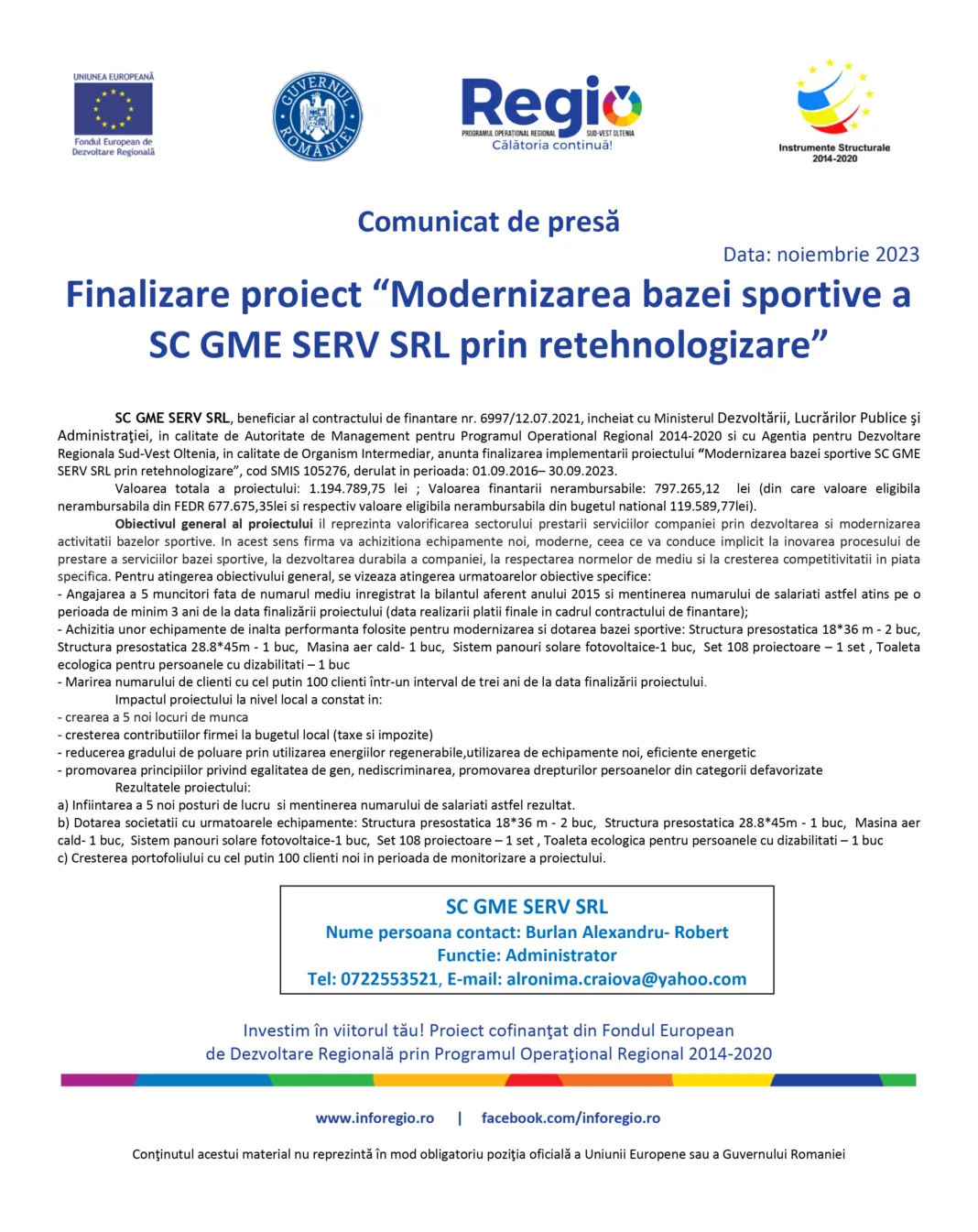 Finalizare proiect “Modernizarea bazei sportive a SC GME SERV SRL prin ...