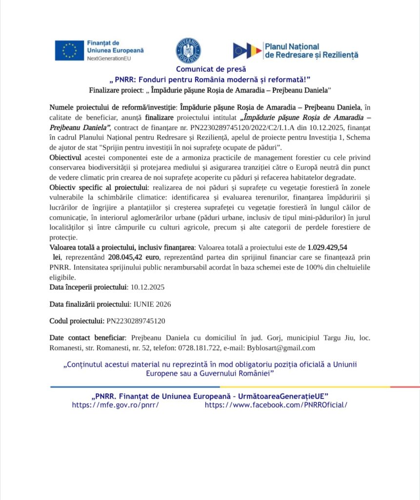 Finalizare proiect: „ Împădurire pășune Roșia de Amaradia – Prejbeanu ...